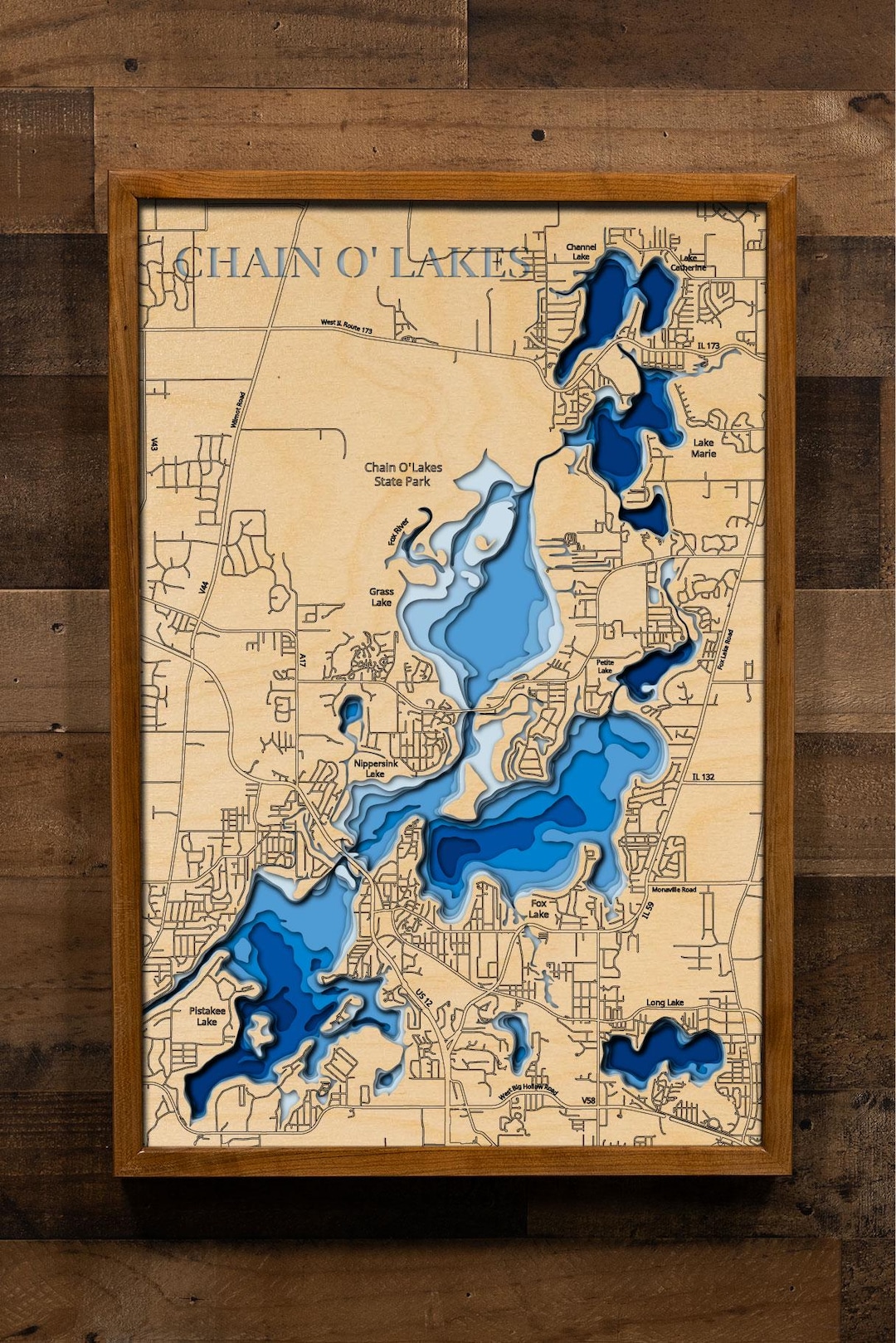 Chain O' Lakes, Illinois - 3D Wood Map – Custom Lake Art, Bathymetric ...