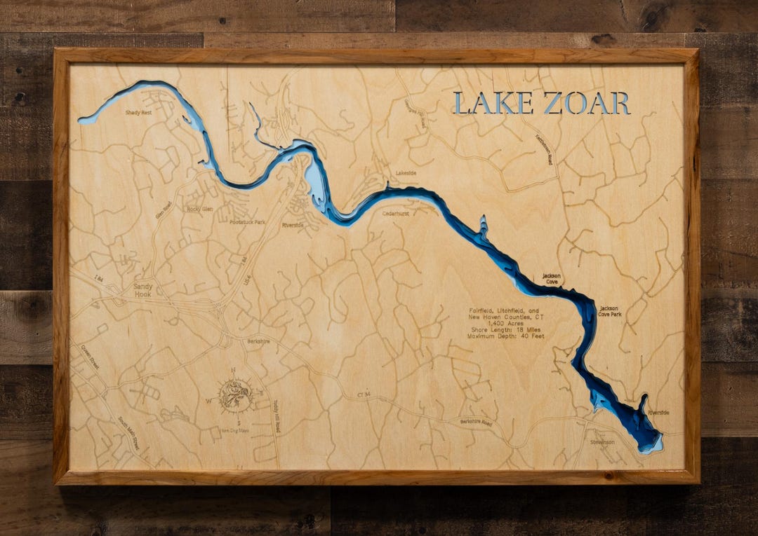 Lake Zoar, Connecticut - 3D Wood Map – Custom Lake Art, Bathymetric ...