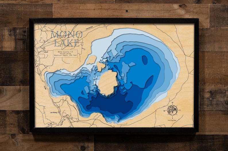 Mono Lake, California - 3D Wood Map – Custom Lake Art, Bathymetric ...