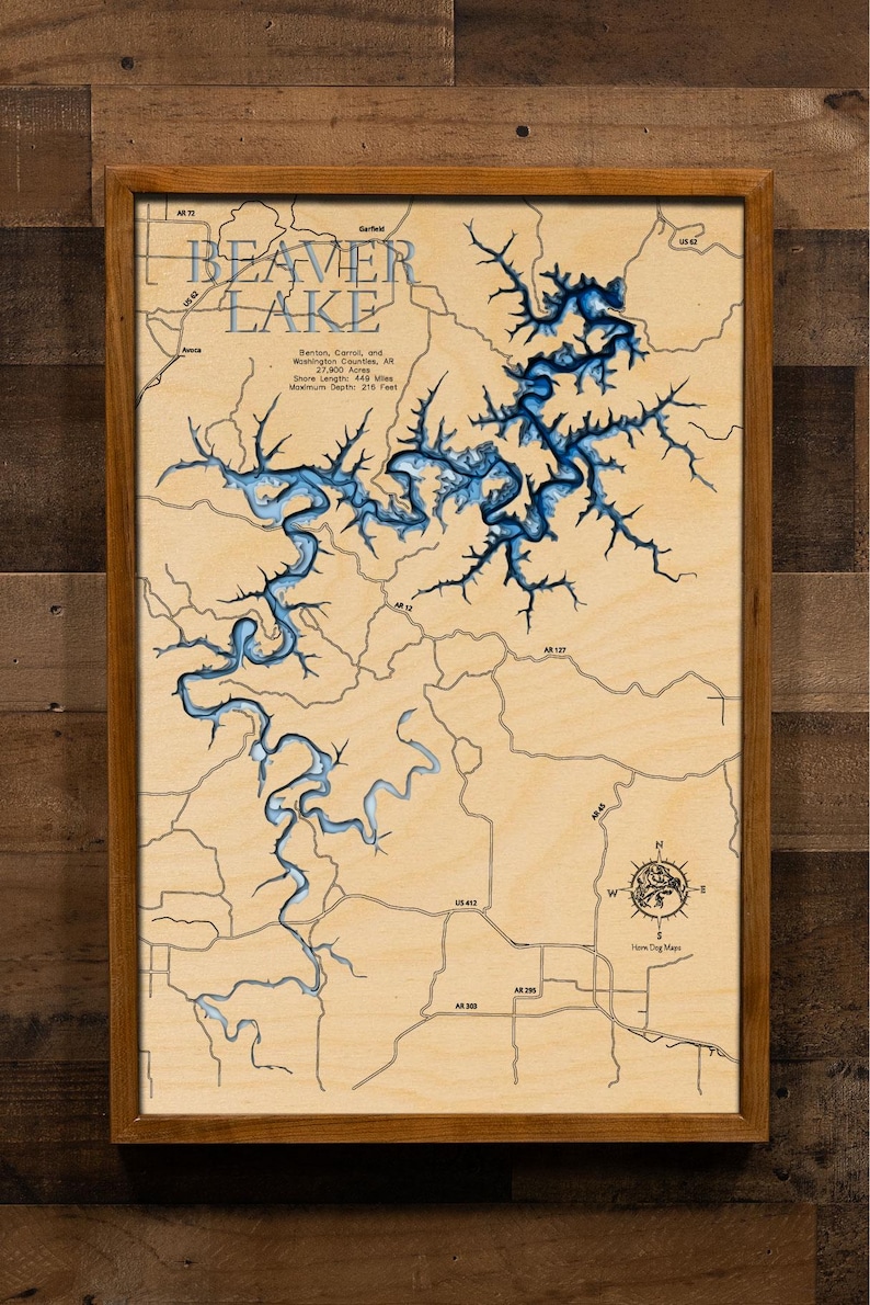 Beaver Lake, Arkansas - 3D Wood Map – Custom Lake Art, Bathymetric ...