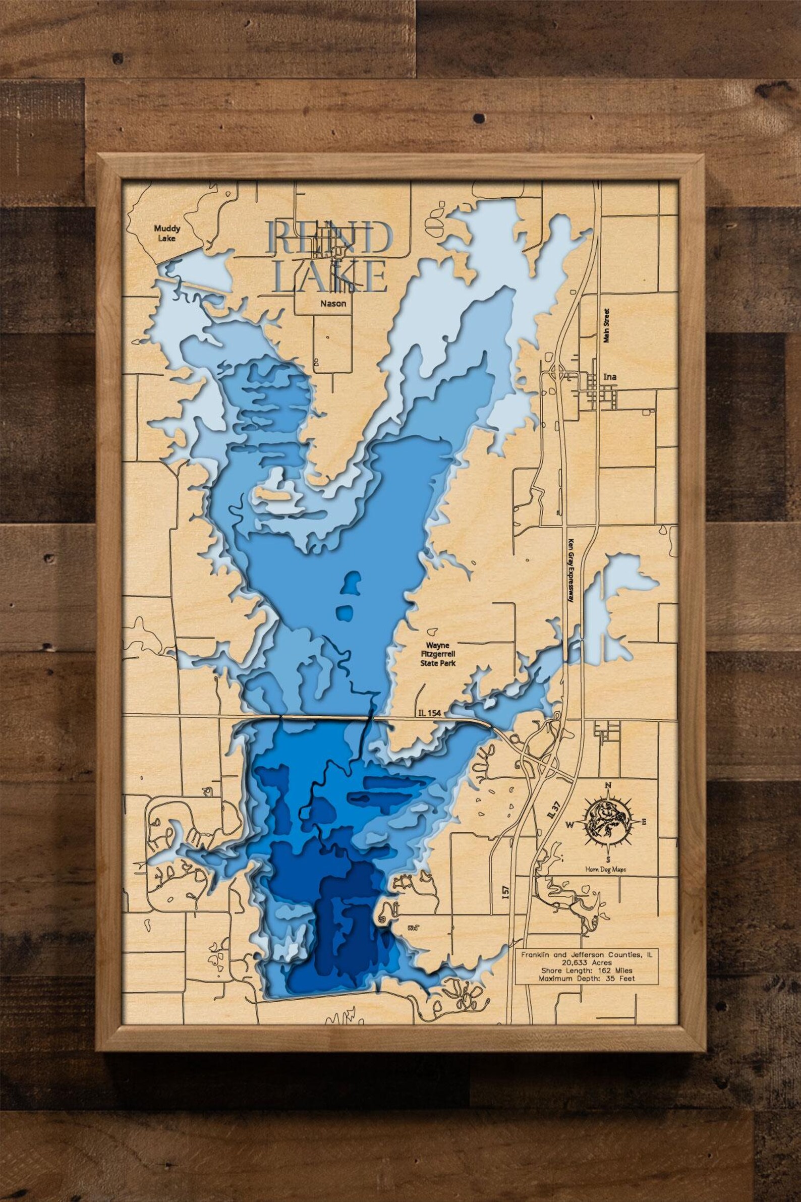 Rend Lake, Illinois - 3D Wood Map – Custom Lake Art, Bathymetric ...