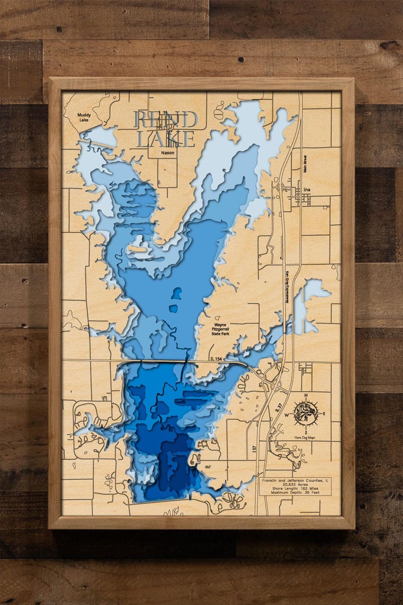 Rend Lake, Illinois - 3D Wood Map – Custom Lake Art, Bathymetric ...