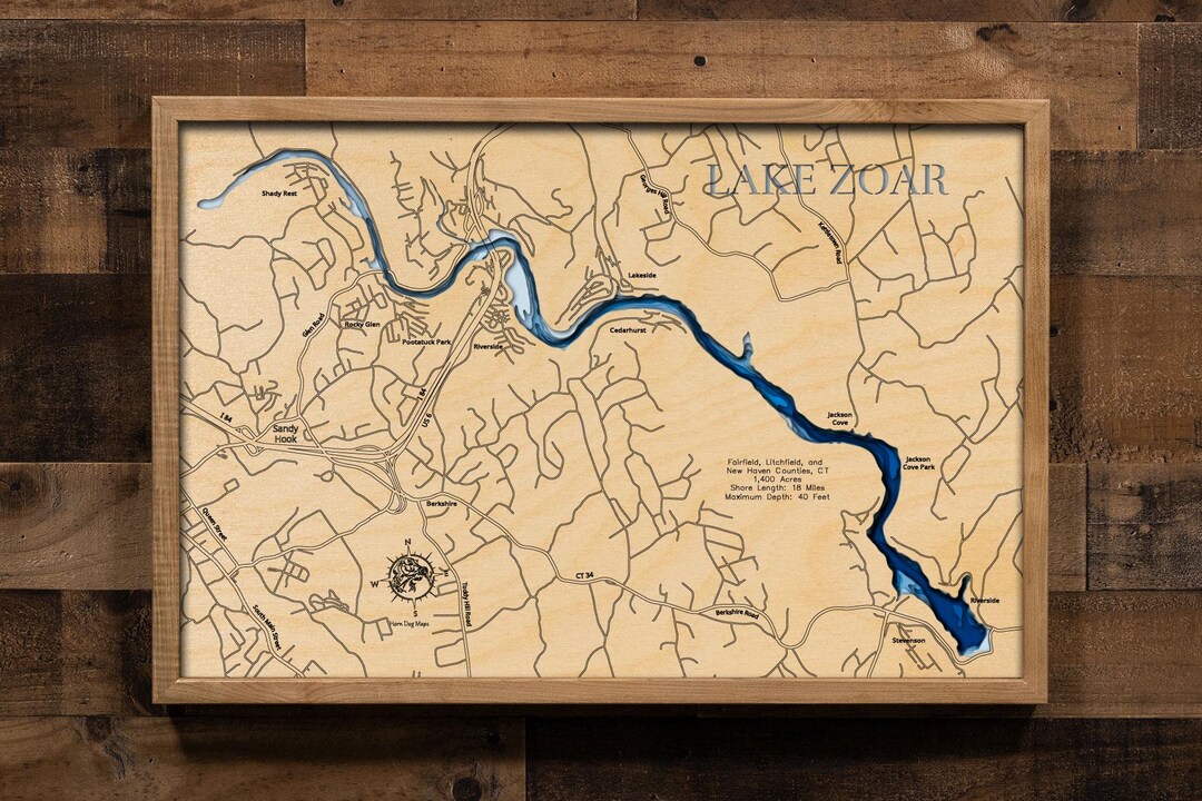 Lake Zoar, Connecticut - 3D Wood Map – Custom Lake Art, Bathymetric ...