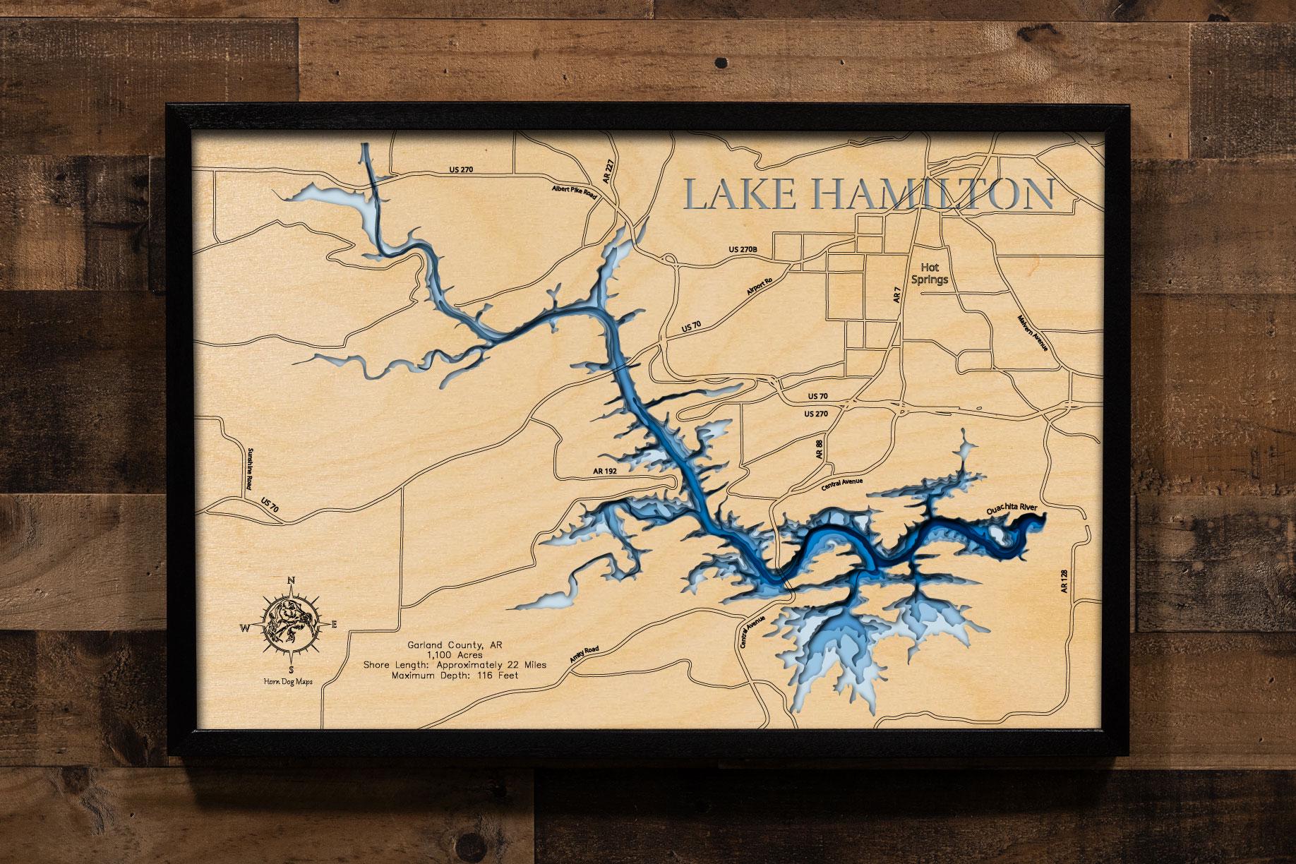 Lake Hamilton, Arkansas - 3D Wood Map – Custom Lake Art, Bathymetric ...
