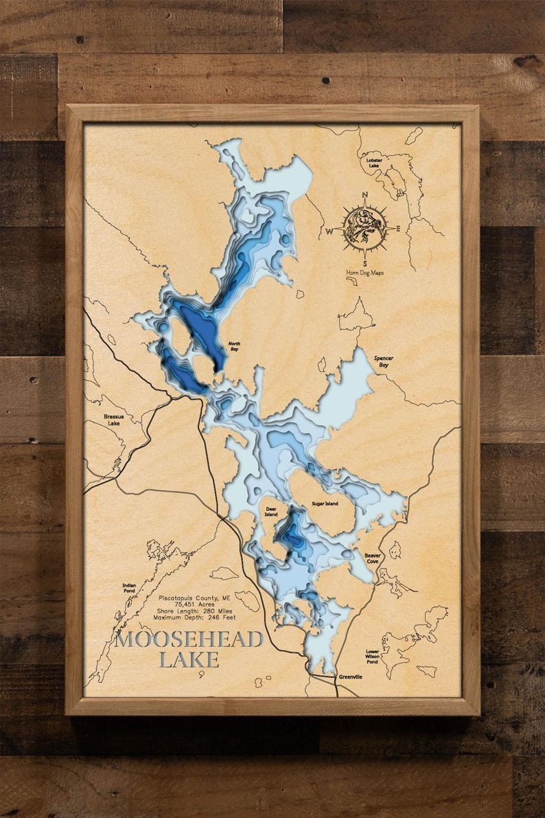Moosehead Lake, Maine - 3D Wood Map – Custom Lake Art, Bathymetric ...