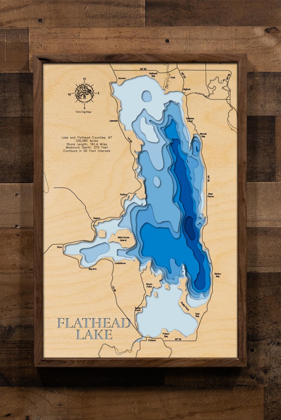 Flathead Lake, Montana - 3D Wood Map – Custom Lake Art, Bathymetric ...