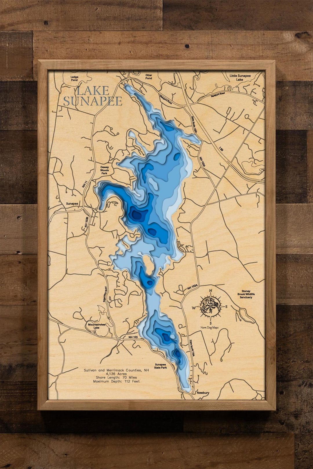 Sunapee Lake, New Hampshire - 3D Wood Map – Custom Lake Art ...