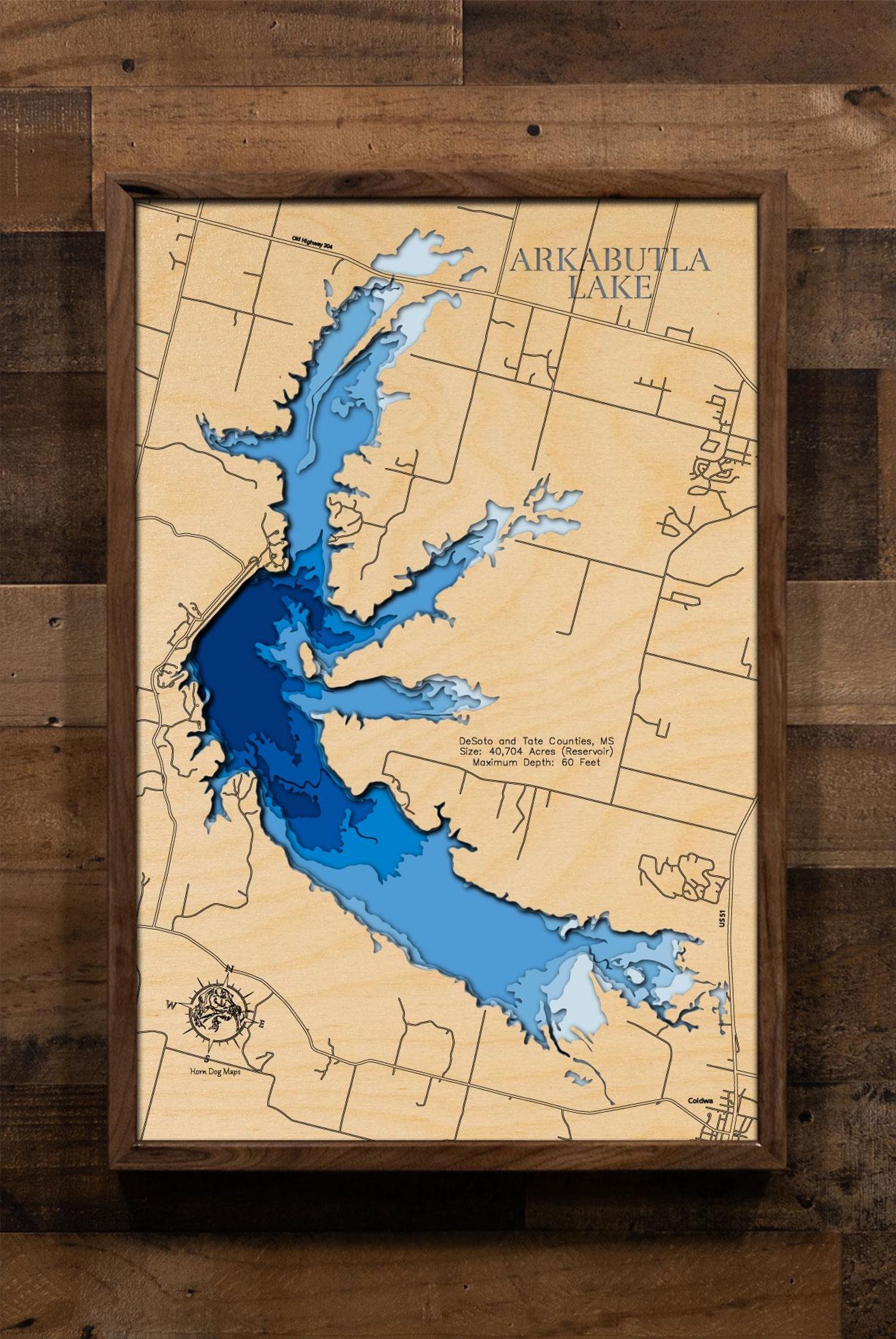 Arkabutla Lake 3D Wood Map: Mississippi Lake Art, Topographic Wall ...