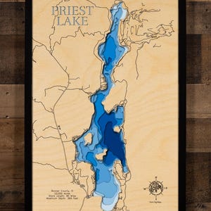 Priest Lake, Idaho - 3D Wood Map – Custom Lake Art, Bathymetric ...