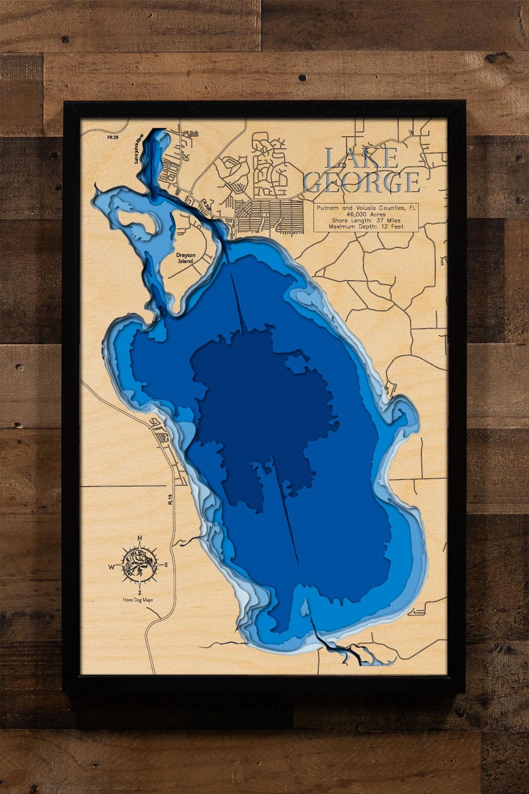 Lake George, Florida - 3D Wood Map – Custom Lake Art, Bathymetric ...