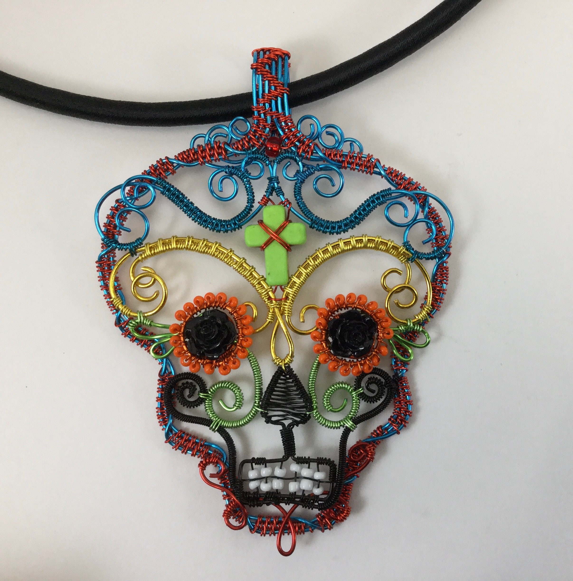 Sugar Skull Multicolored Wire Wrap Detailed Weave Red Blue | Etsy