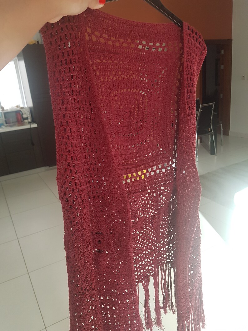 Boho Crochet Vest With Fringe, Hippie Knit Vest, Dark Red Lace up Vest ...