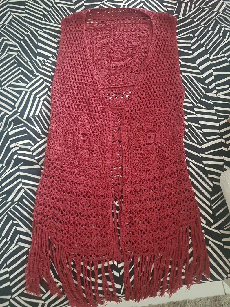 Boho Crochet Vest With Fringe, Hippie Knit Vest, Dark Red Lace up Vest ...