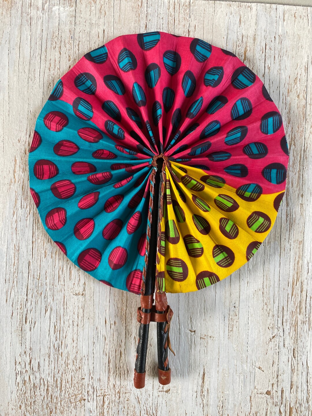 African Print Fabric Fan: Folding Ankara Fan With Leather Handle - Etsy