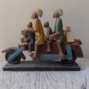 African Wood Sculpture, Vintage African Family on Motorbike ...