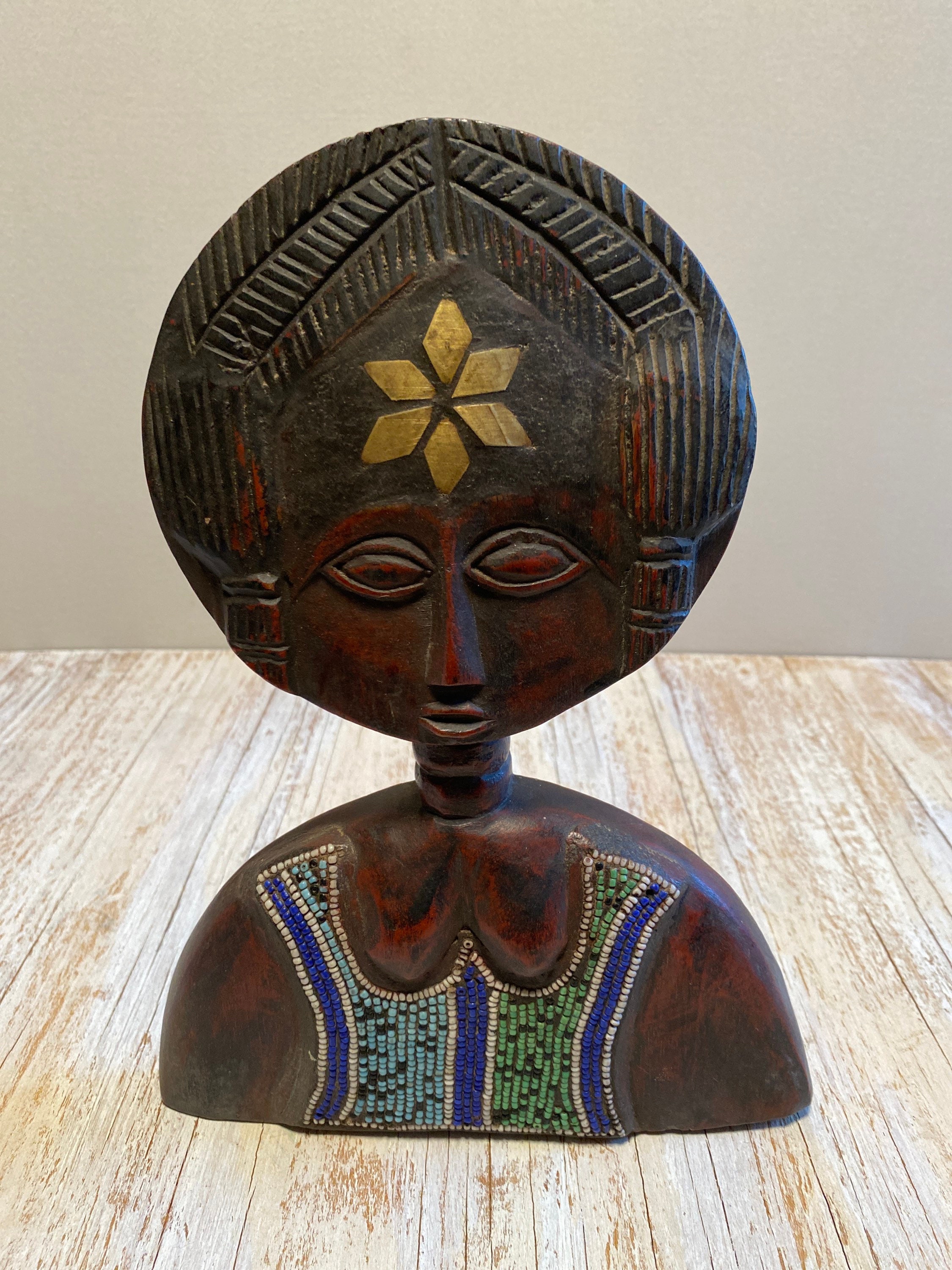 Vintage African Female Bust Sculpture: Handcarved Wood, Beaded ...