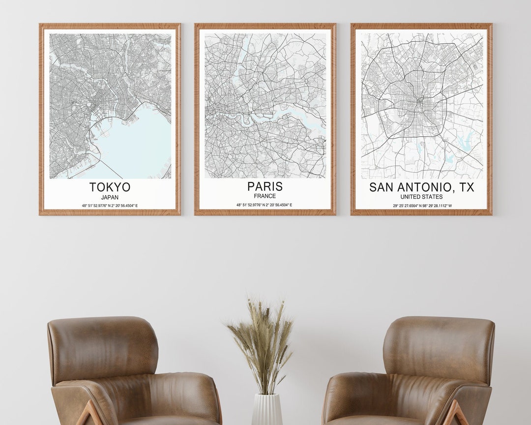 Custom City Maps Personalized Set of Three Map Prints Custom Map Print ...