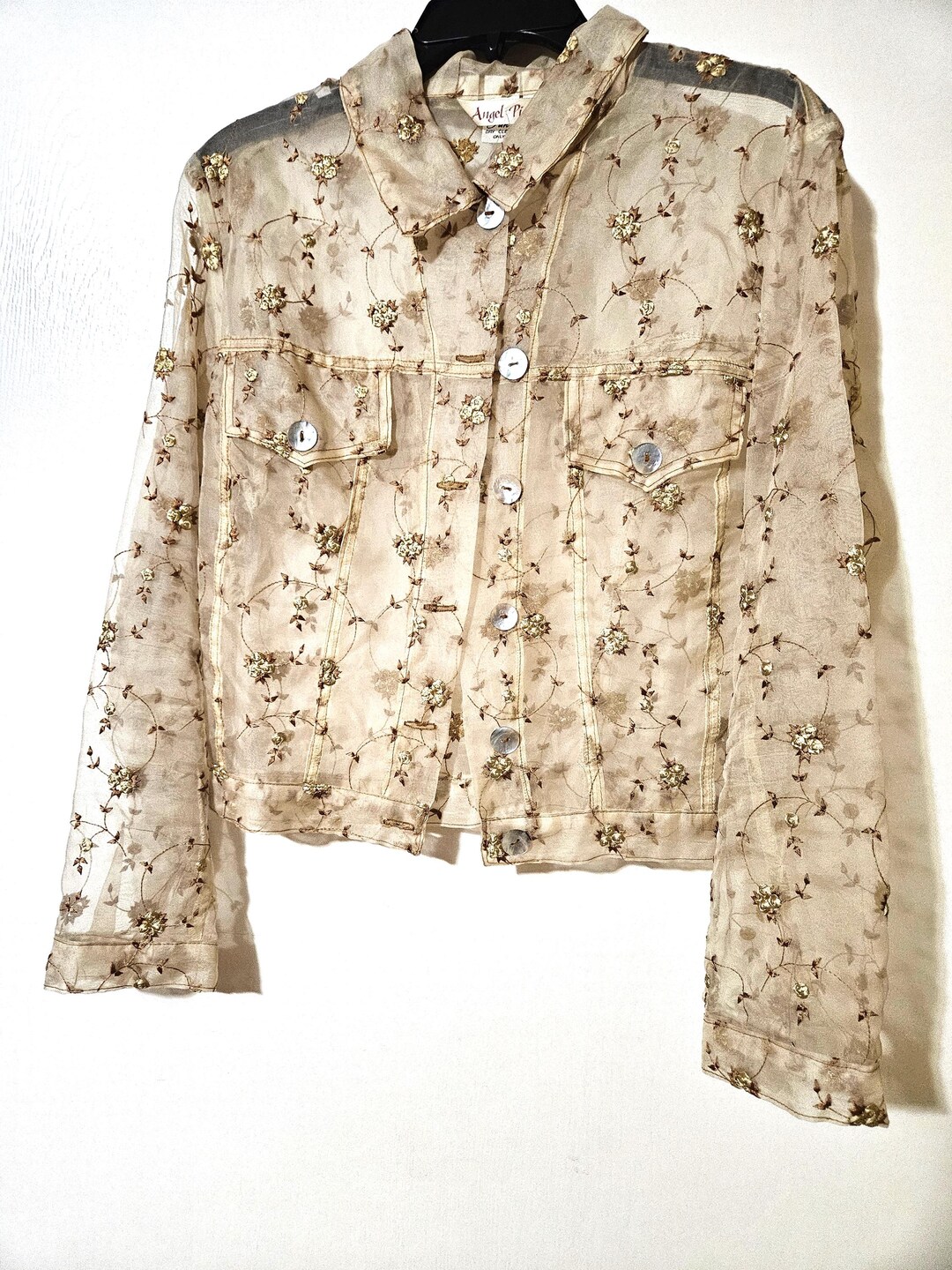 Embroidered Sheer Jacket * Sheer Lace Floral Overlay * 100% Silk Button ...