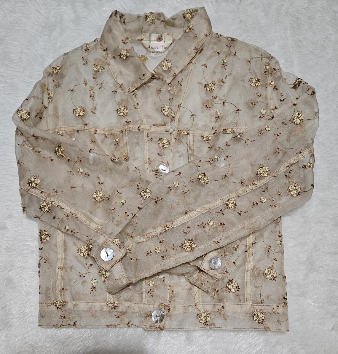 Embroidered Sheer Jacket * Sheer Lace Floral Overlay * 100% Silk Button ...