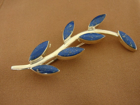 Blue Enamel Olive Tree Branch Pin Vintage Sterling Si… - Gem