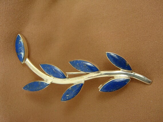 Blue Enamel Olive Tree Branch Pin Vintage Sterling Si… - Gem