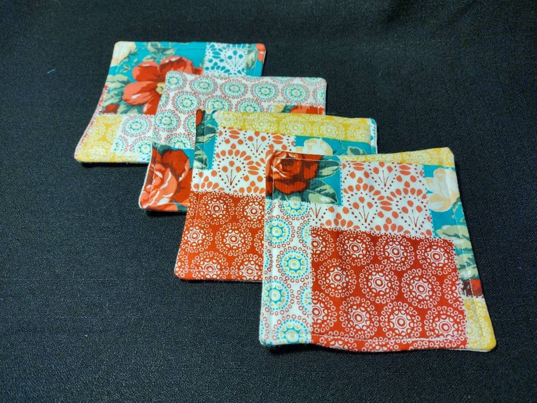 Reversible Floral Patchwork Fabric Coaster Set: Handmade Vintage Style ...