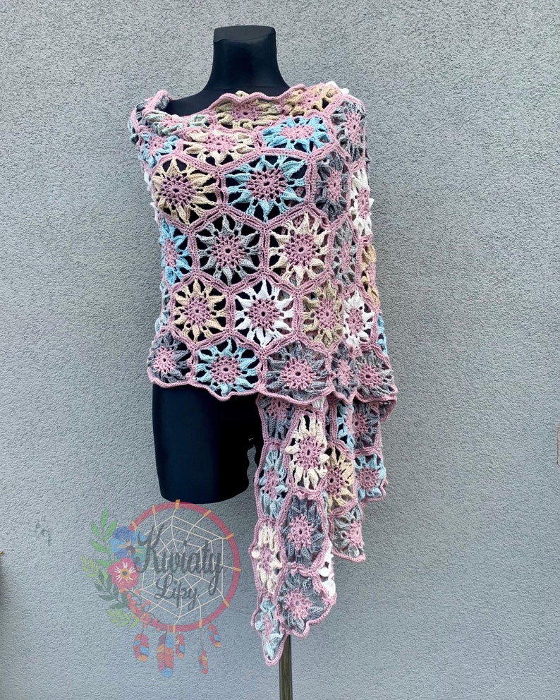 Crochet Shawl, Pastel Colours - Pink, Blue, Grey, Cotton, Oversize ...