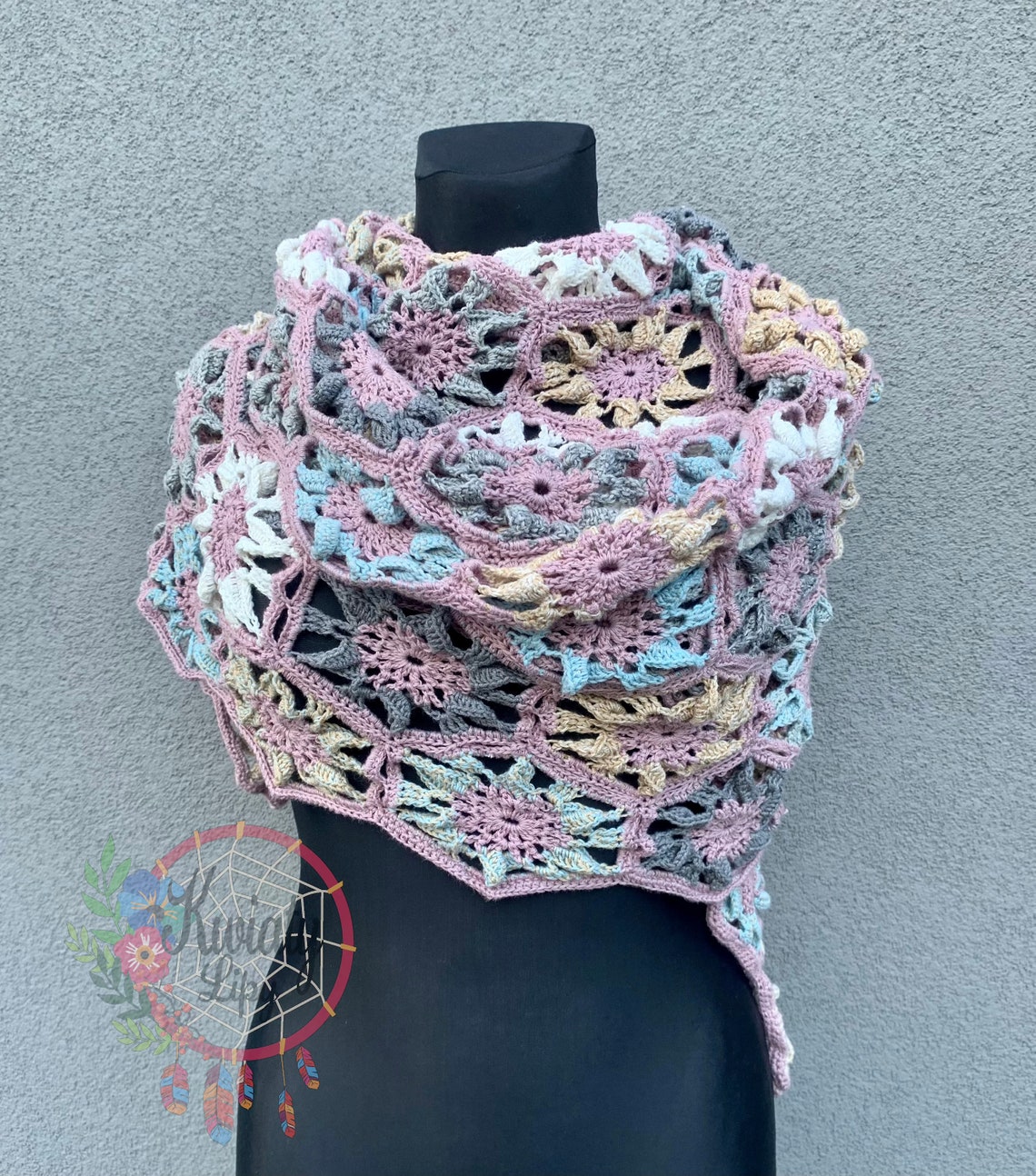 Crochet Shawl, Pastel Colours - Pink, Blue, Grey, Cotton, Oversize ...