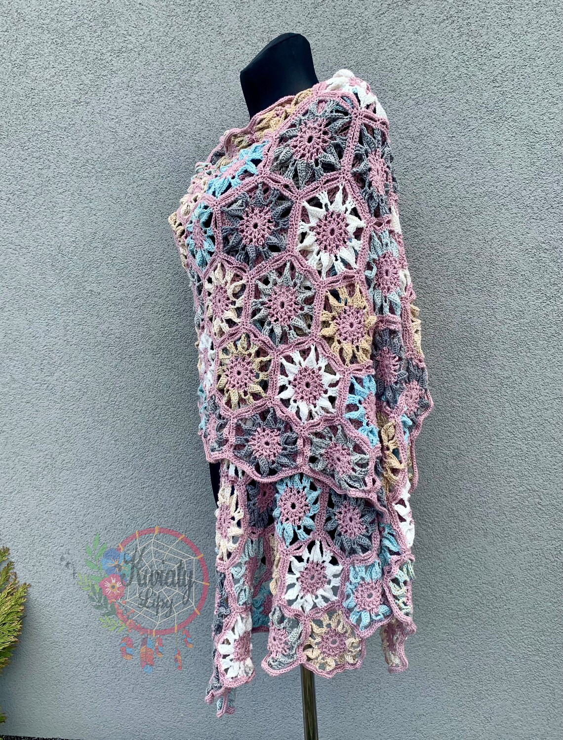 Crochet Shawl, Pastel Colours Pink, Blue, Grey, Cotton, Oversize Shawl ...