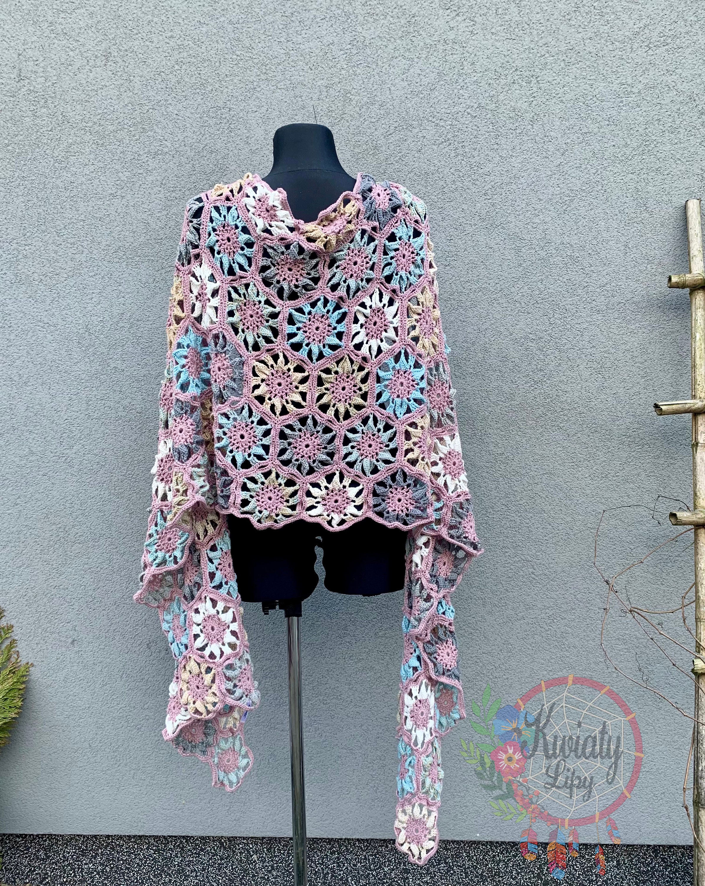 Crochet Shawl, Pastel Colours - Pink, Blue, Grey, Cotton, Oversize ...