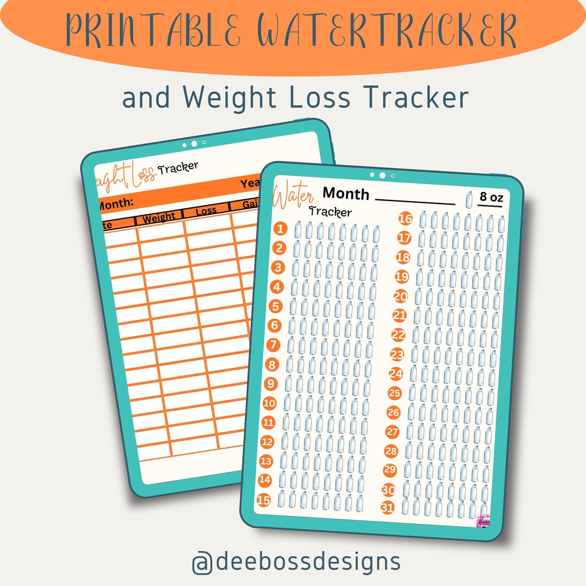 Printable Water Tracker and Weight Loss Tracker Set, Hydration Tracker ...