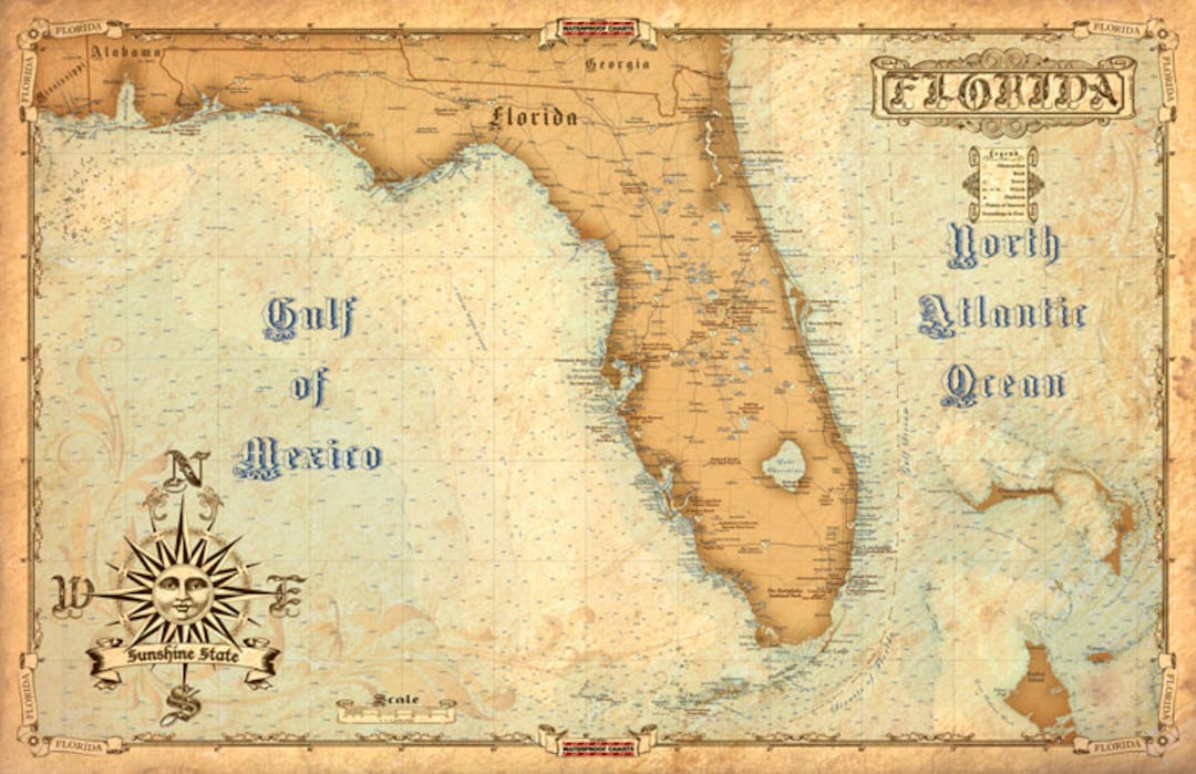 Vintage Map of Florida | Gulf of Mexico | Atlantic Ocean - Etsy