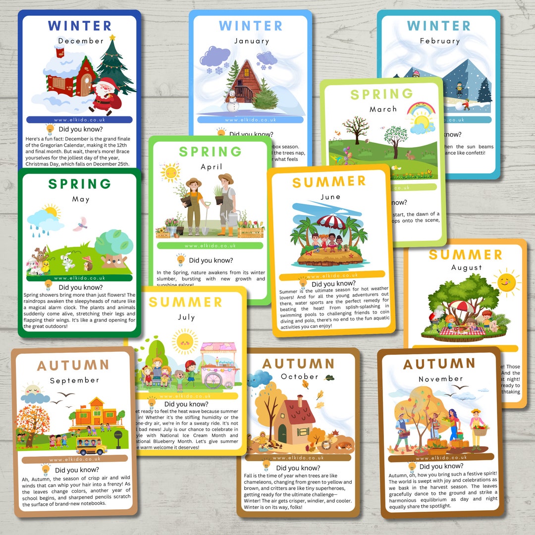 Printable Seasons Flashcards for Kids/preschool Learning Fun Facts ...