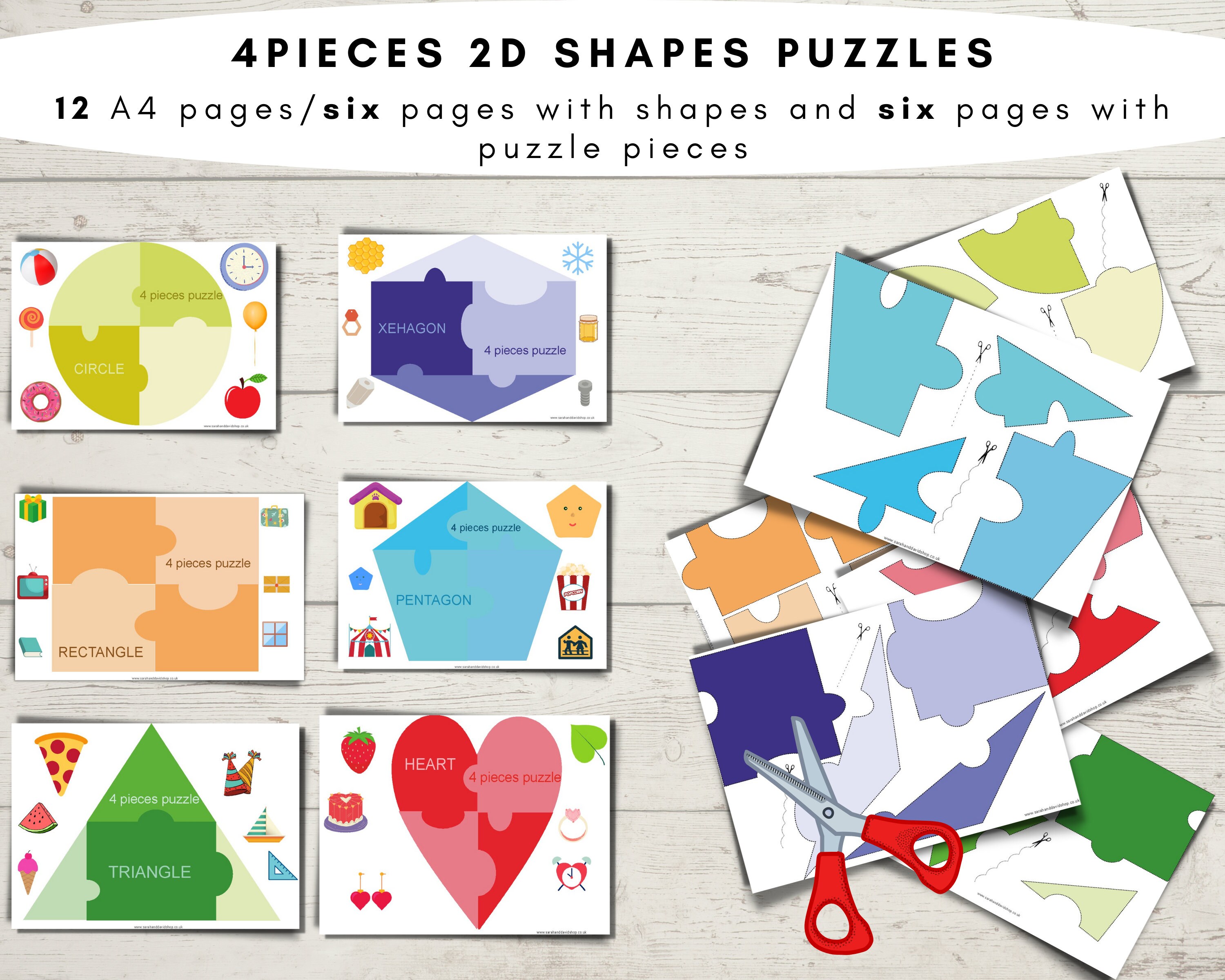 4 Pieces Printable 2D Shapes Puzzle Preschool Worksheets/learn 2D ...