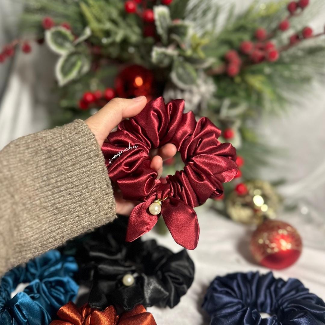 Satin Bow Scrunchie With a Pearl | Holiday | Gift - Etsy