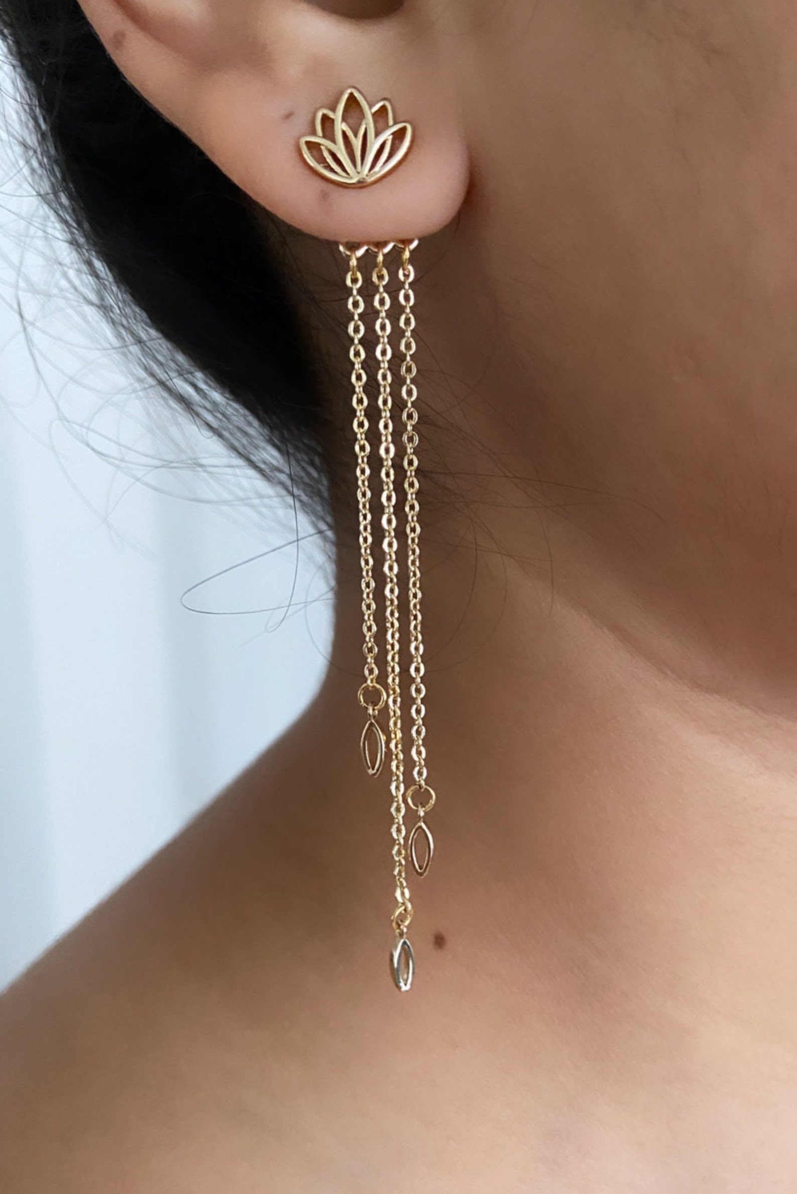 Lotus Earrings Gold Lotus Flower Front Back Earrings Gifts | Etsy