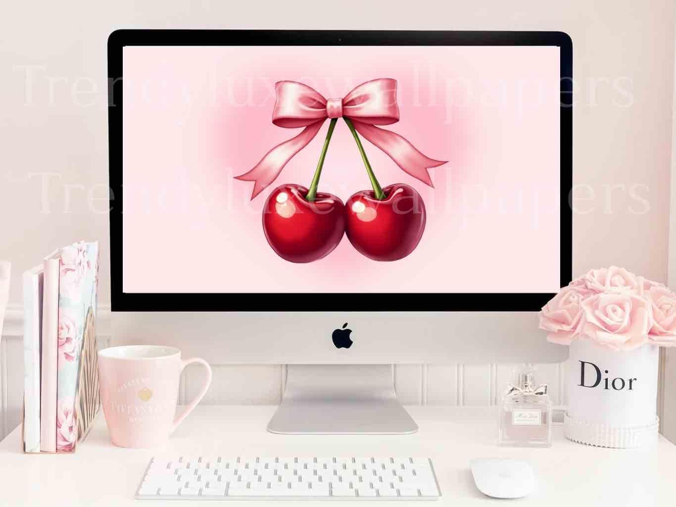 Cherry Desktop Wallpaper, Bow Desktop Wallpaper, Coquette Desktop ...