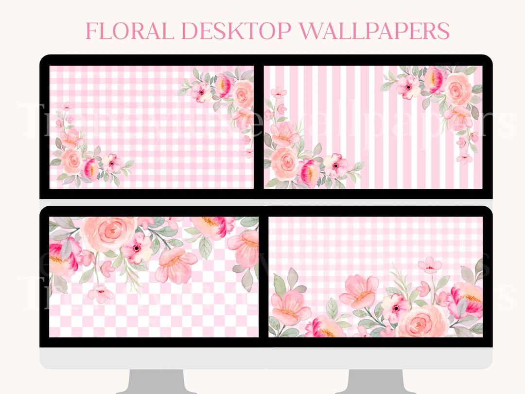 Flower Desktop Wallpaper Bundle, Gingham Desktop Wallpaper, Floral ...