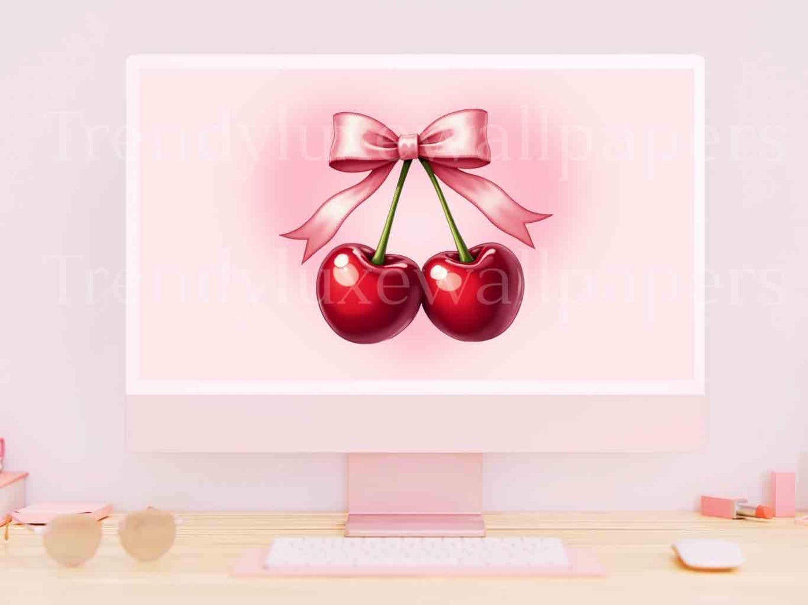 Cherry Desktop Wallpaper, Bow Desktop Wallpaper, Coquette Desktop ...