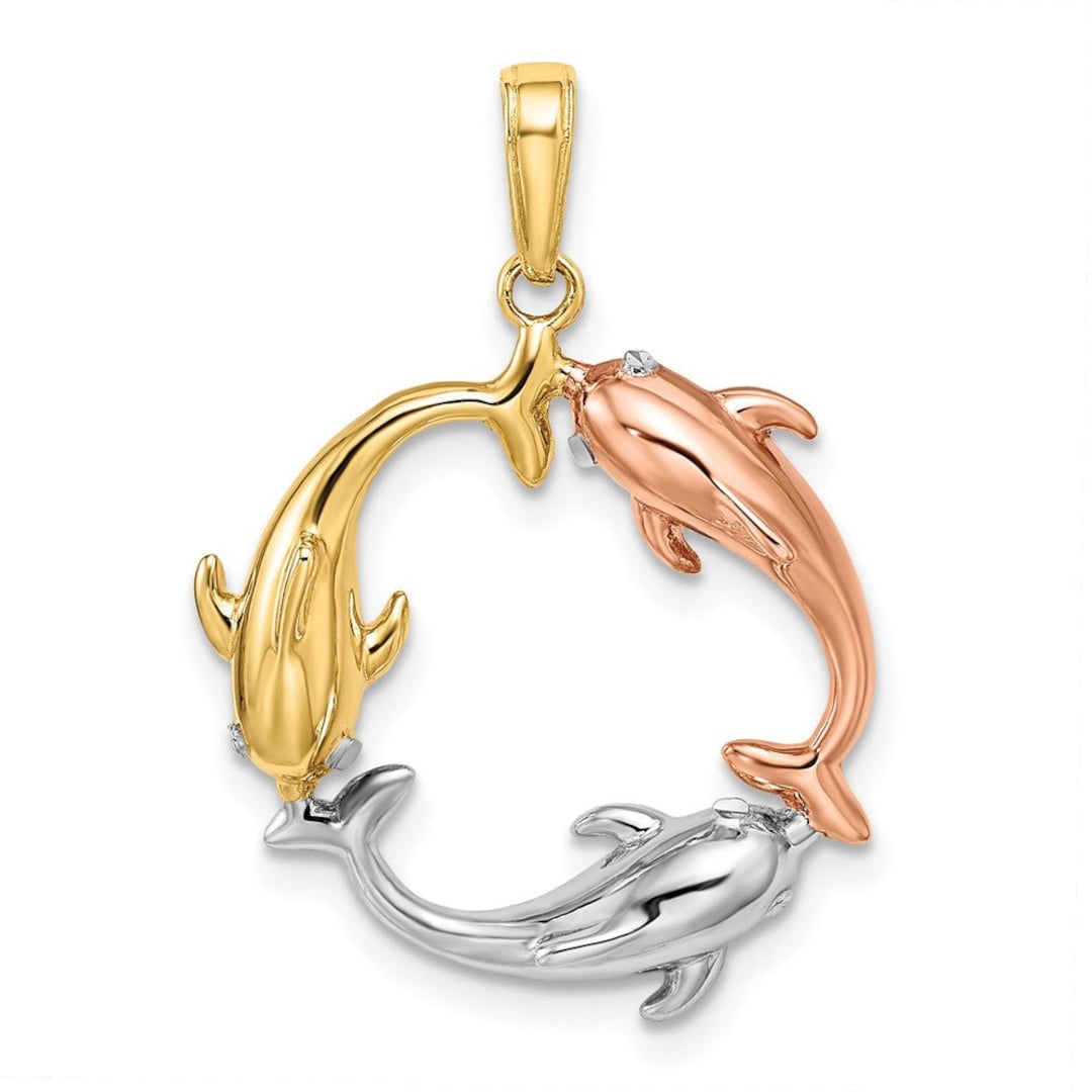 14k Tri-color Gold Triple Dolphin Circle Pendant - Etsy