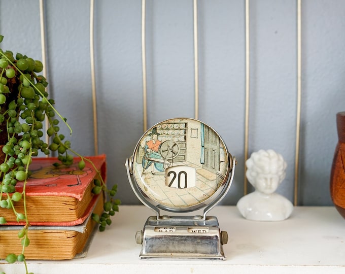 Vintage Perpetual Flip Calendar-spinning Wheel Scene/ 1960s Desktop ...
