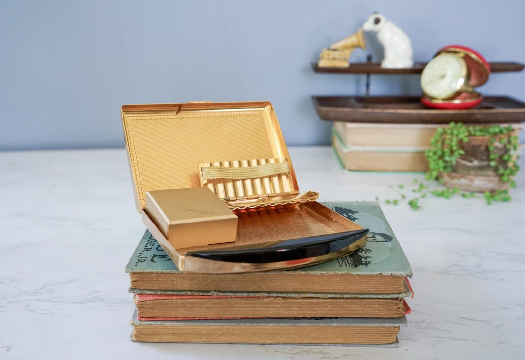 Vintage Gold Cigarette Case Music Box/ 1960s-70s Cigarette Holder/ Old ...