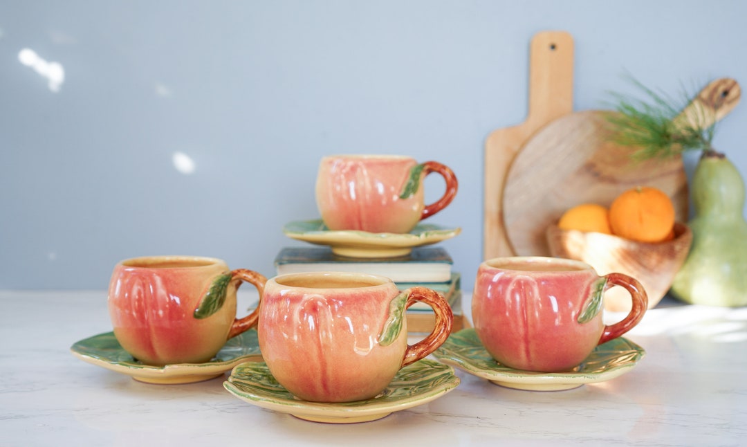 Vintage Peaches BLOCK MOLDE Barbara Eigen 4 Teacup Sets Portugal/ 1990s Teacup Saucer Set ...