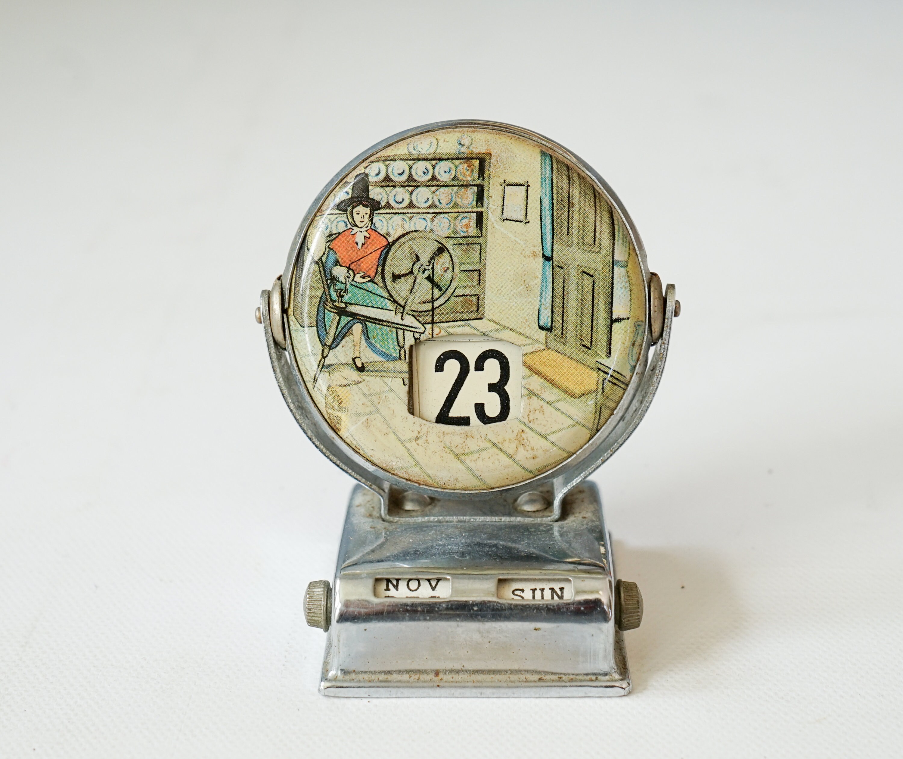 Vintage Perpetual Flip Calendar-spinning Wheel Scene/ 1960s Desktop ...