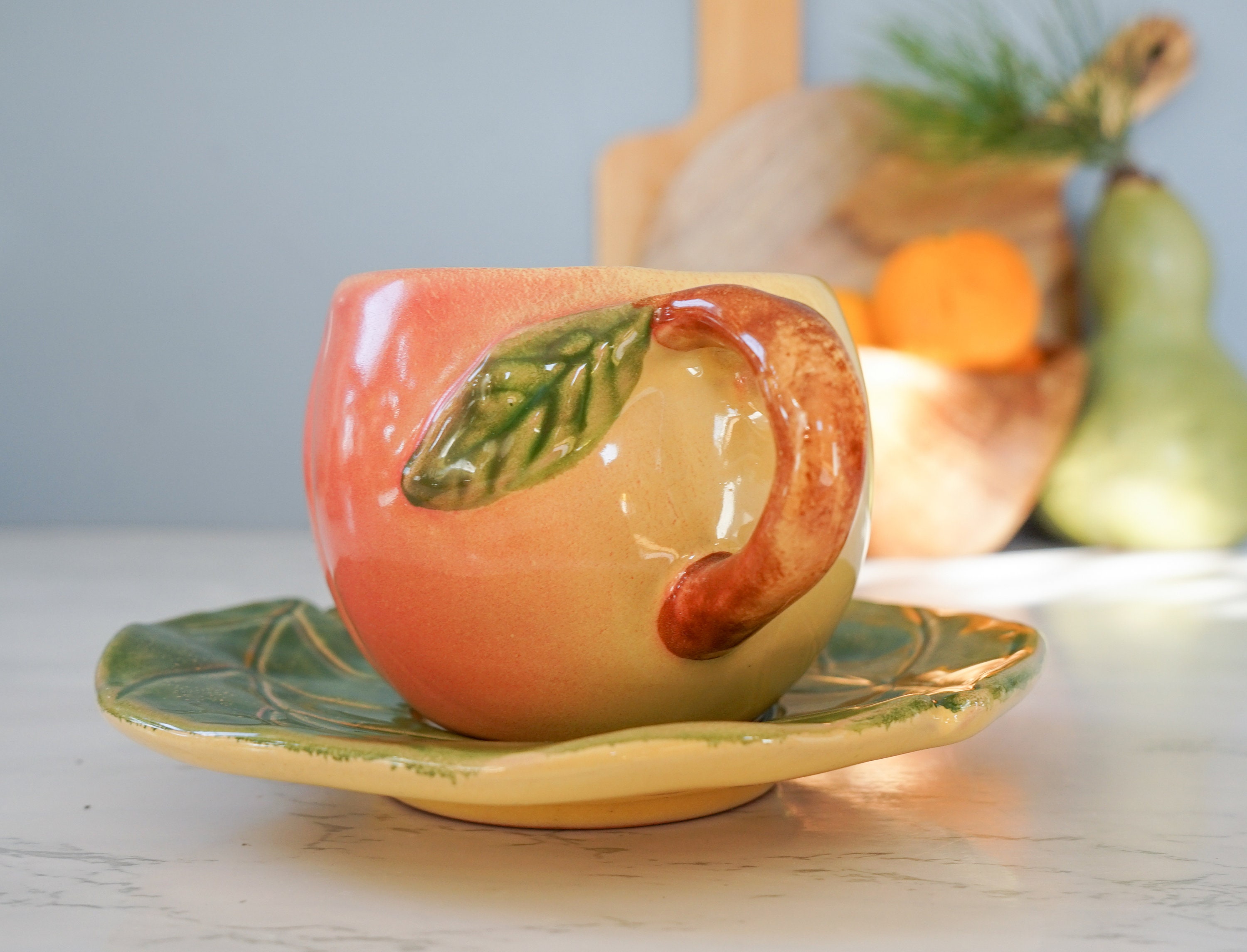 Vintage Peaches BLOCK MOLDE Barbara Eigen 4 Teacup Sets Portugal/ 1990s Teacup Saucer Set ...