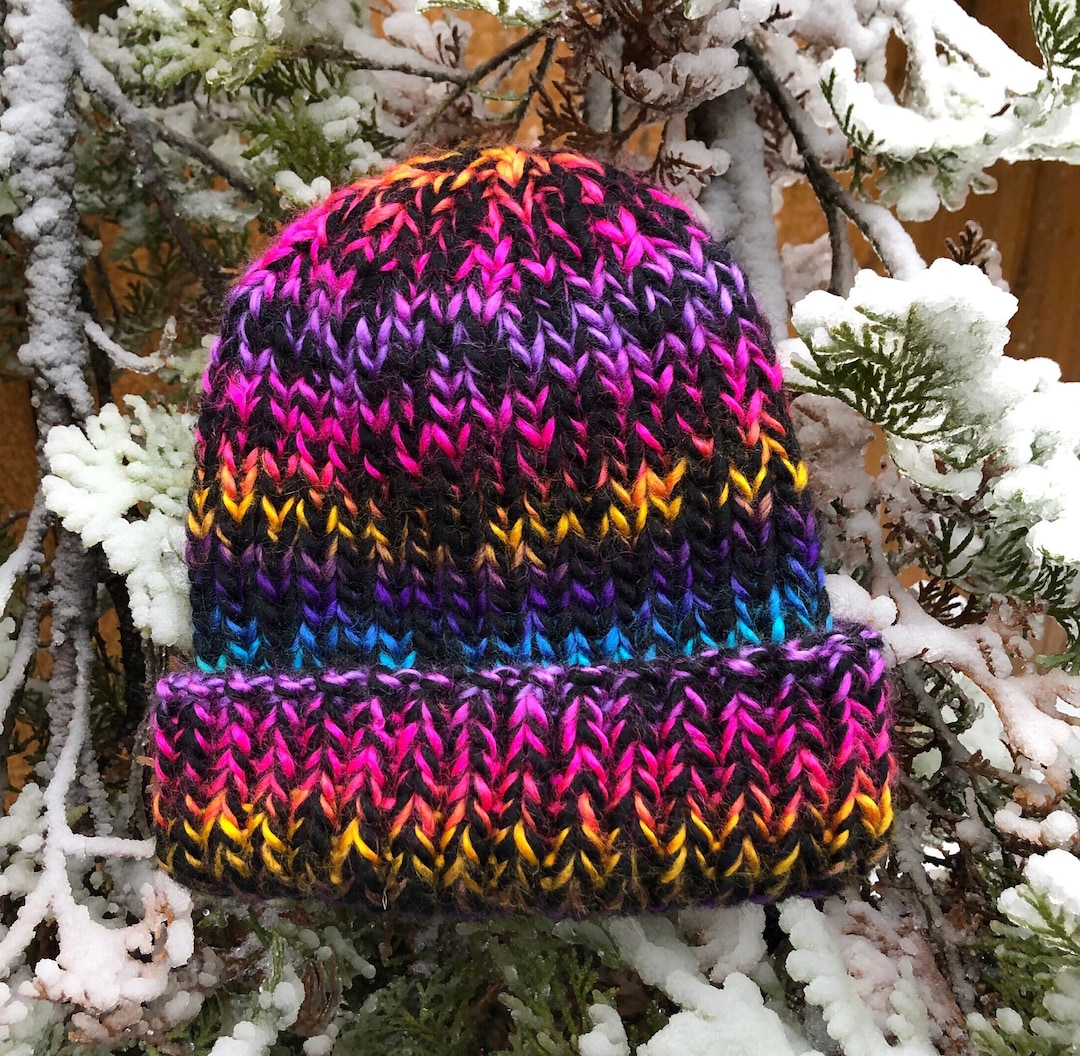 Black and Bright Rainbow Knitted Thick Beanie - Etsy