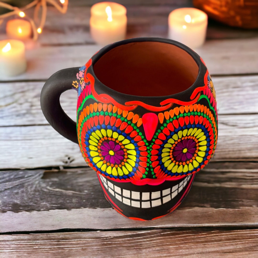 Skull Collection Mug, Clay Mug, Hand Painted Skull Mug, Day of the Dead ...