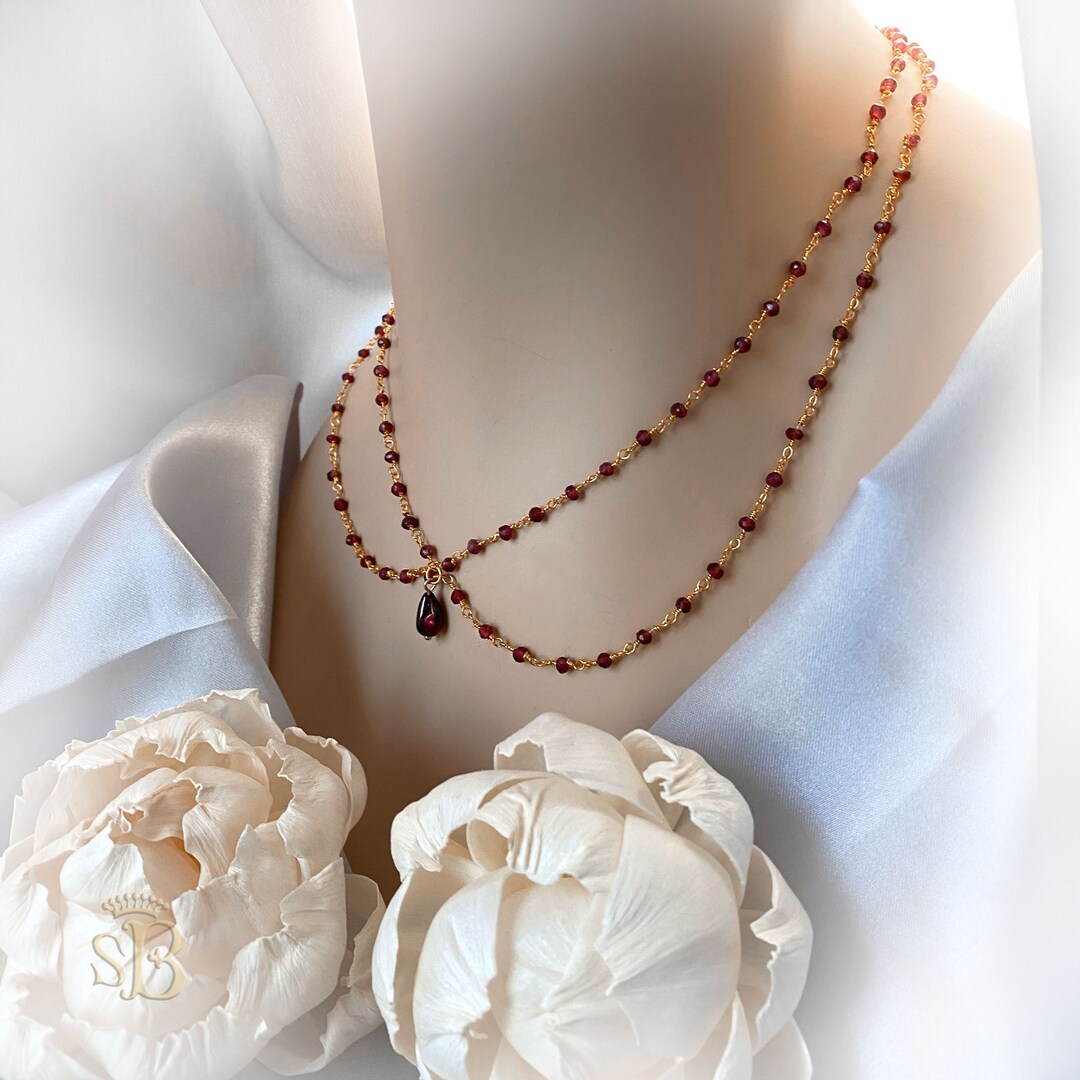 Feminine, Dainty Wine Red Garnet Color Crystal Double Rosary Necklace ...