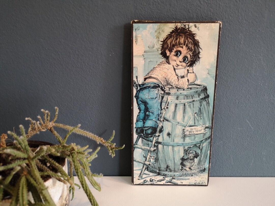 Cute Vintage Big Eyed Boy With Dog, by Michel Thomas, Print on Wood ...
