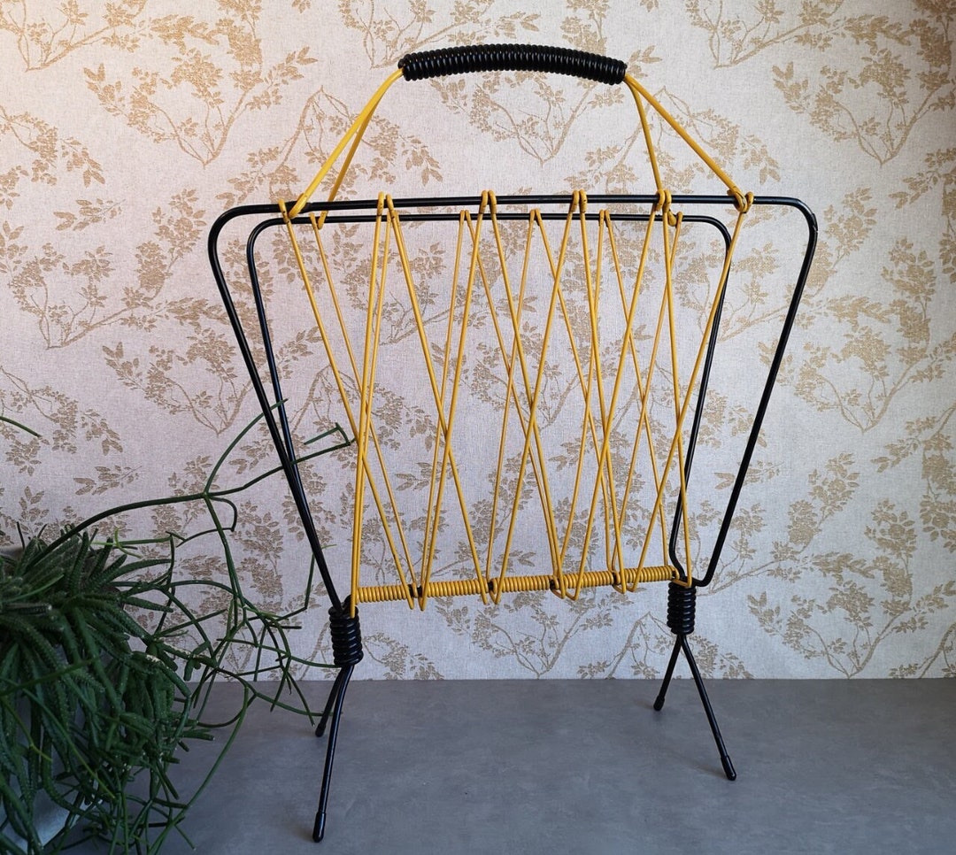 Vintage Magazine Rack, Yellow and Black Wire Steel With Plastic Coating ...